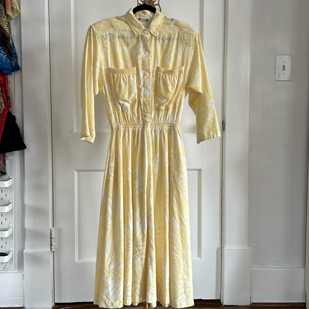 80s Pastel Yellow Cotton Midi Shirt Dress - Gem